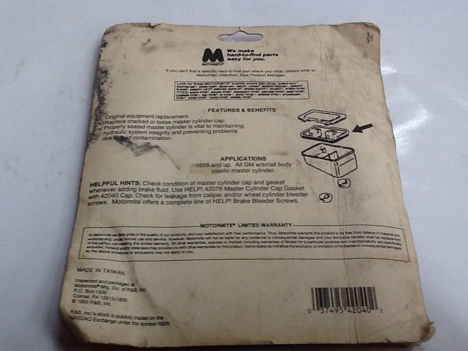 Motormite 42040 Brake Master Cylinder Cap NOS ...