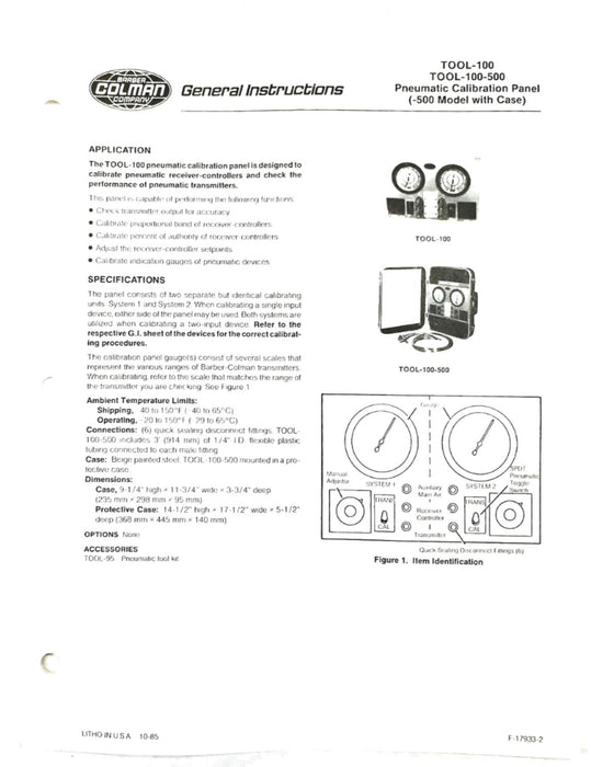 Siebe Barber Colman 9903 Pneumatic Calibration Panel TOOL-100-500 (TOO ...