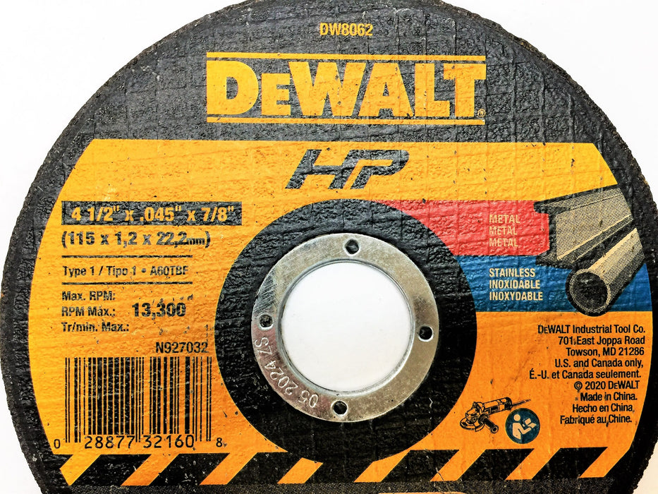 DEWALT 4.5-inch Type 1 HP Metal Cutting Wheel DW8062 NOS ...