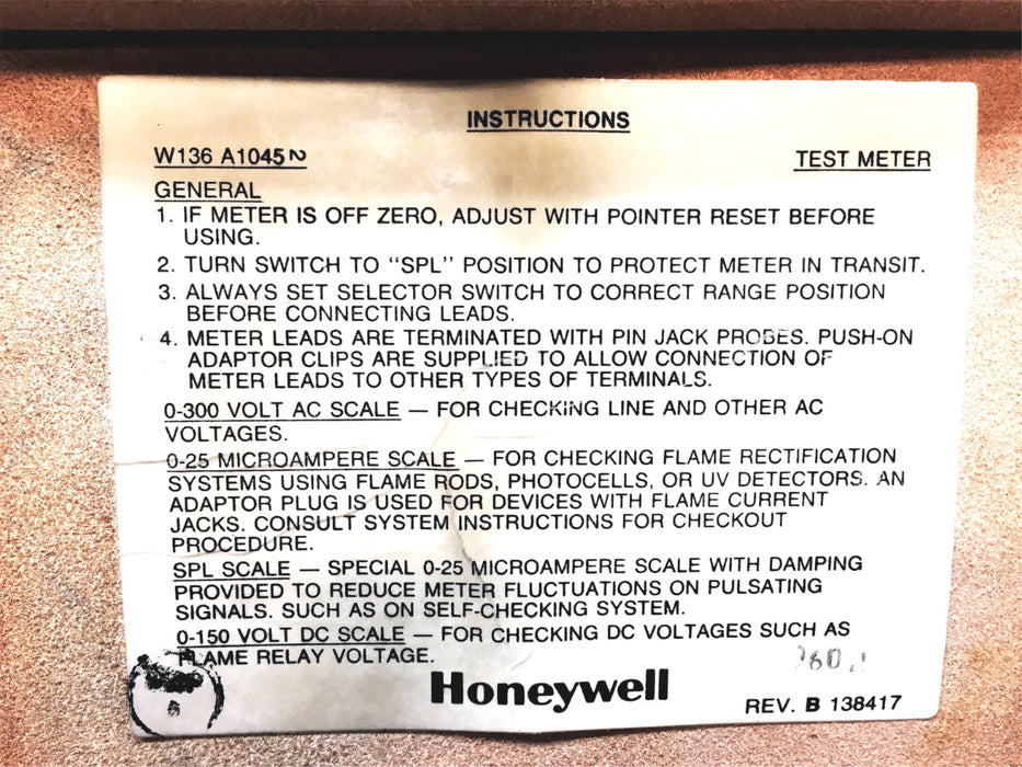 Honeywell 0-300VAC 0-150VDC 0-25 Microampere SPL Multimeter W136 A1045 ...