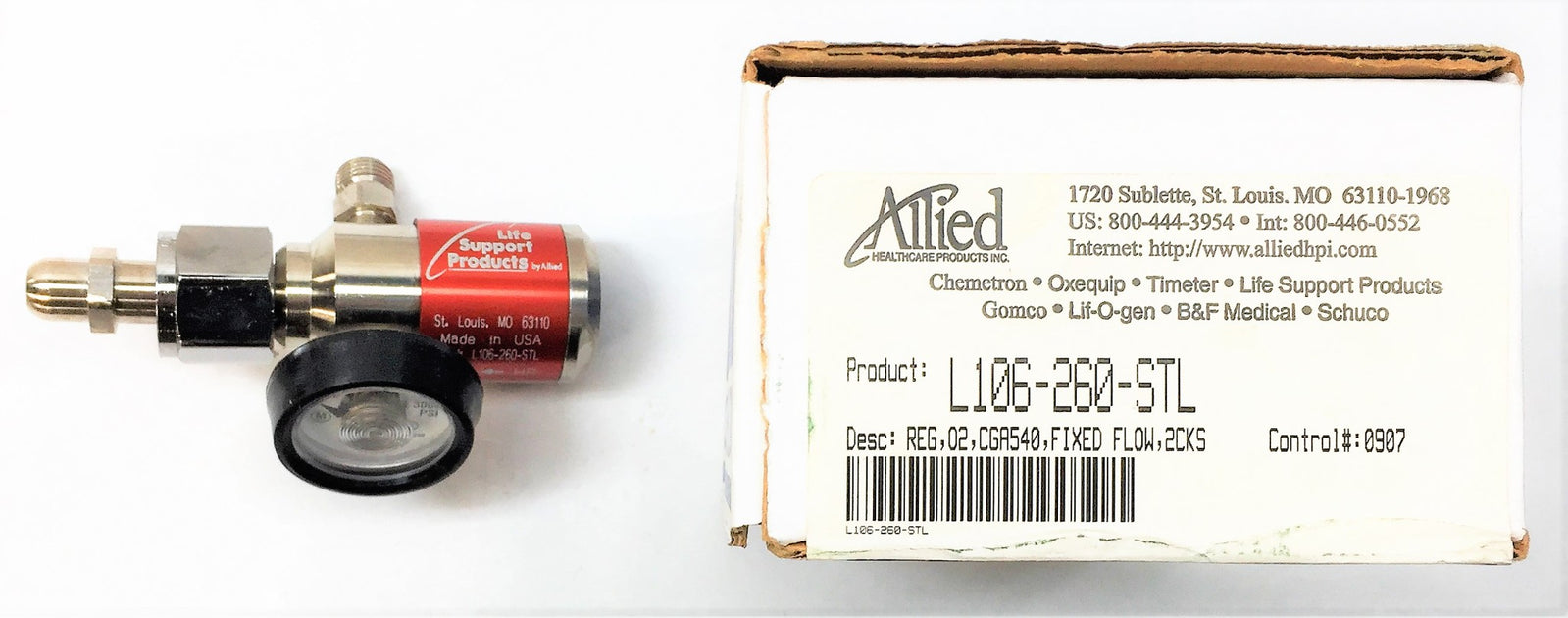 ALLIED HEALTHCARE Regulador de presión de oxígeno L106-260-STL NOS — Governmenttransitsurplus.com