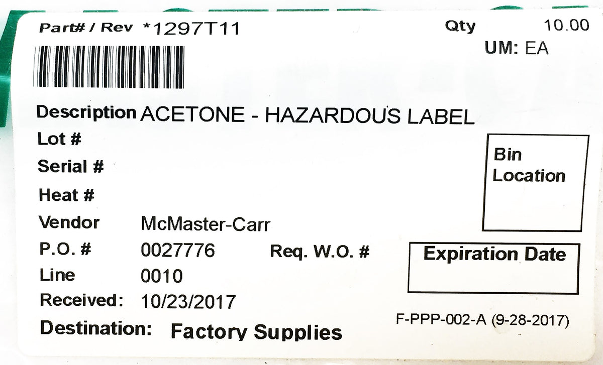 McMaster-Carr 5 Pack Acetone Hazardous Label Sticker 1297T11 NOS ...