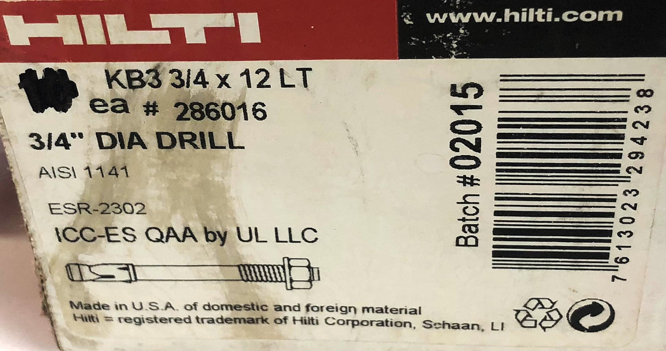 Hilti Box of 2 KB3 3/4 IN X 12 IN LT Anchor 286016 NOS ...