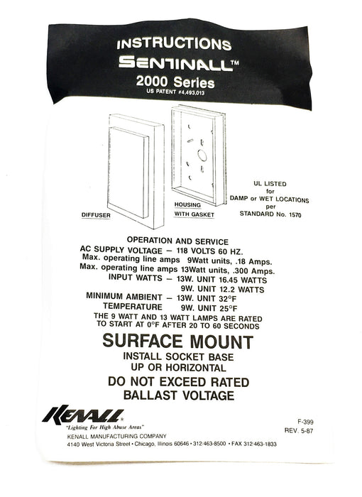Kenall Sentinall 120V 60Hz 20-60-13 (S511L) NOS ...