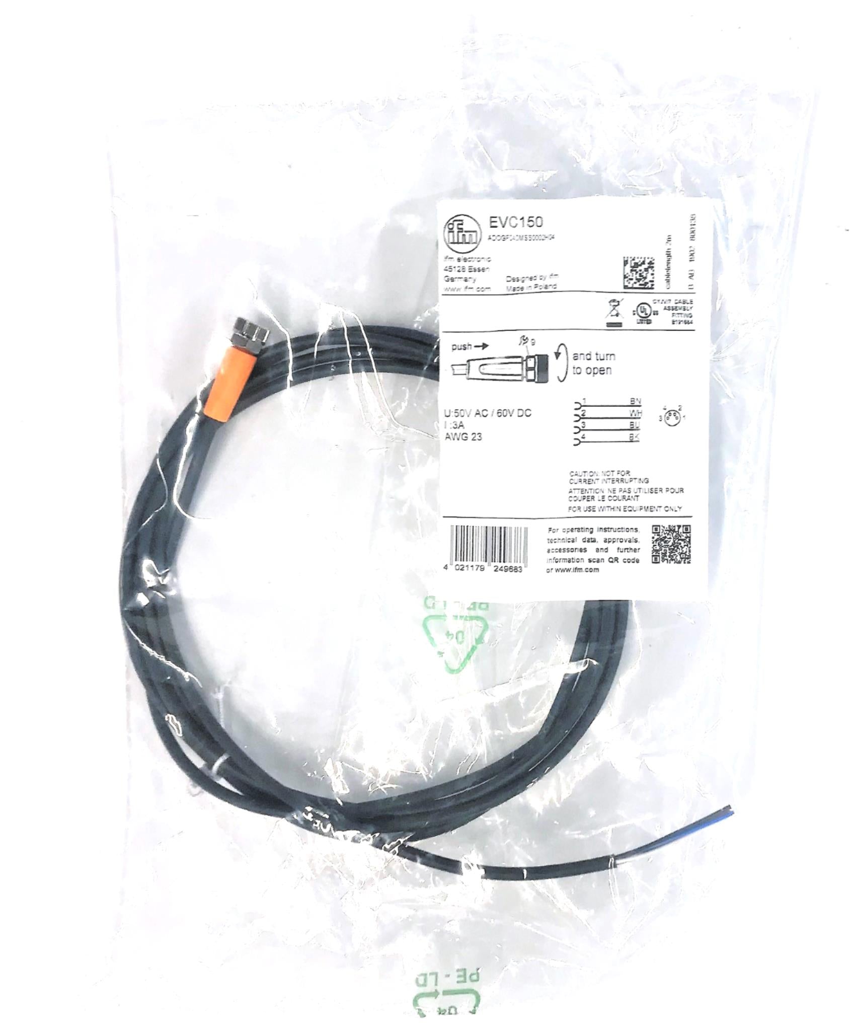 ifm electronic 50V AC/60V DC Cable Assembly EVC150 NOS ...